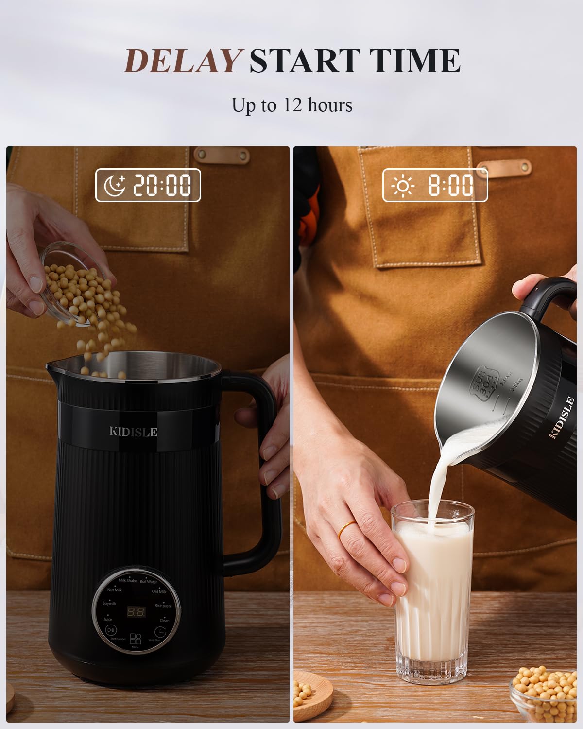 KIDISLE 32oz Automatic Soy Machine for Homemade Almond, Oat, Coconut, Soy, Plant Based Milks and Non Dairy Beverages with Delay Start/Keep Warm/Self-Cleaning/Boil Water