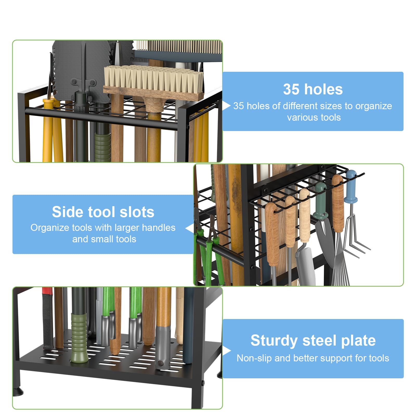 keomaisyto Garden Tool Organizer for Garage, Yard Tool Organizer for Garage Organization and Storage, Heavy Duty Garden Tool Stand with 35 Long-Handled Tool Slots and 10 Tool Hooks for Shed, Yard