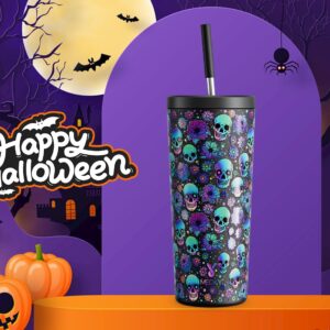 Meoky 24 oz Halloween Tumbler with Lid and Straw, Stainless Steel Vacuum Insulated Tumbler, Keeps Cold for 24 Hours, 100% Leak Proof, Fits in Car Cup Holder (Black Skull)