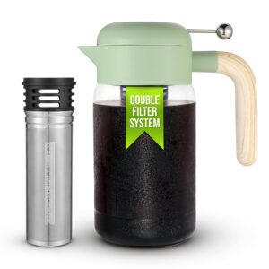 lafeeca cold brew coffee maker - iced tea brewer with airtight lid - stainless dual ultra filter - tritan pitcher - 1500 ml / 51 oz - green