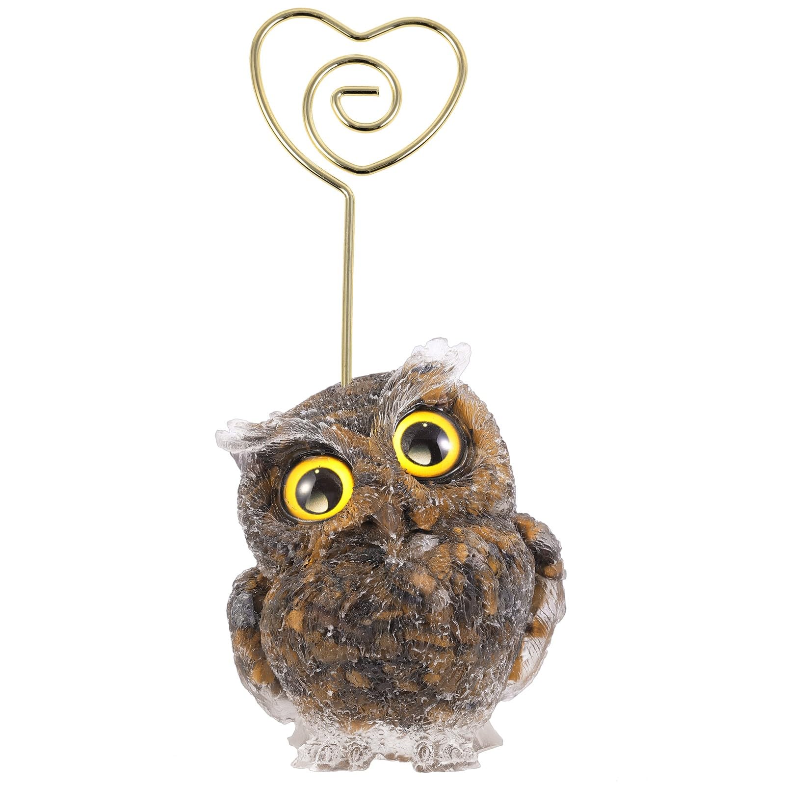 Sportmusies Resin Crystal Owl Table Card Holder, Gold Heart-Shaped Clip Picture Number Memo Stand for Wedding Birthday Party, Tiger's Eye Stone