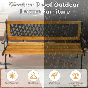 50'' Outdoor Cast Iron Patio Bench, Outdoor Furniture Hardwood Frame Porch Loveseat, Porch Path Chair, Weather Proof, for 2 Person Outside Bench