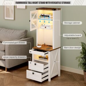 FREDEES Farmhouse Tall Bedside Table Set 2, Nightstand with Drawers & Adjustable Sheves, LED Night Stand with Gun Drawer, Smart End Table for Bedroom, Antique White