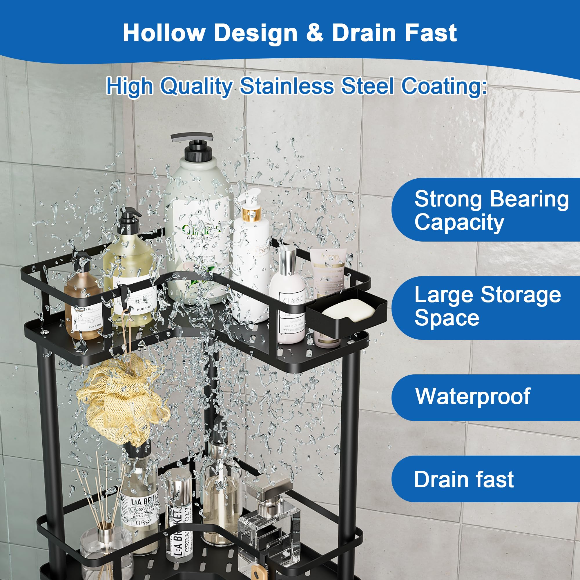 FJNATINH Corner Shower Caddy - 4 Tier Shower Organizer Corner Shelf Stainless Steel Floor Corner Shower Stand Rack for Bathroom Balcony Kitchen, No Drilling Shelves, Adhesive Shower Caddy