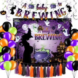 halloween baby shower decorations, a baby is brewing gender reveal trunk or treat car decorations kit for suv with backdrop banner hanging swirl balloon for halloween baby brewing party supplies decor