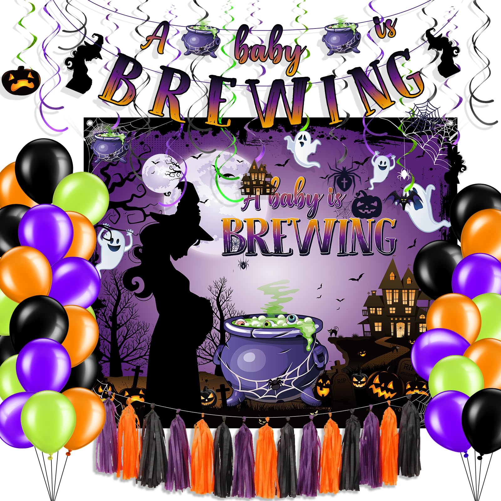 Halloween Baby Shower Decorations, A Baby is Brewing Gender Reveal Trunk or Treat Car Decorations Kit for SUV with Backdrop Banner Hanging Swirl Balloon for Halloween Baby Brewing Party Supplies Decor