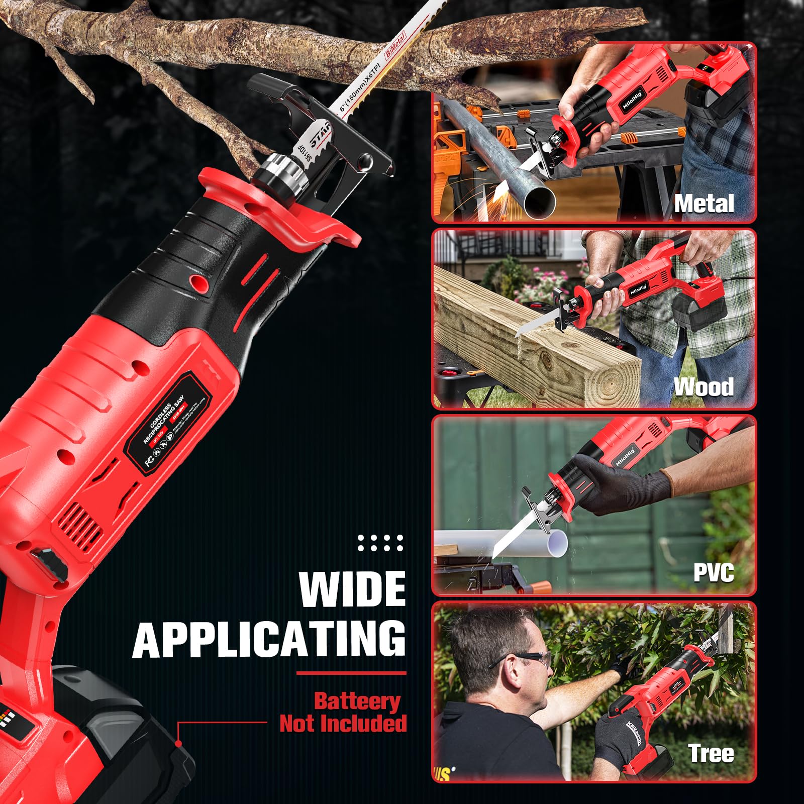 Cordless Reciprocating Saw for Milwaukee M18 18V Battery: 3200 SPM Brushless Sawzall, 3 Variable Speed, 1" Stroke Length, Keyless Blade Clamp, Includes 4 Blades for Metal, PVC, Wood. Tool Only