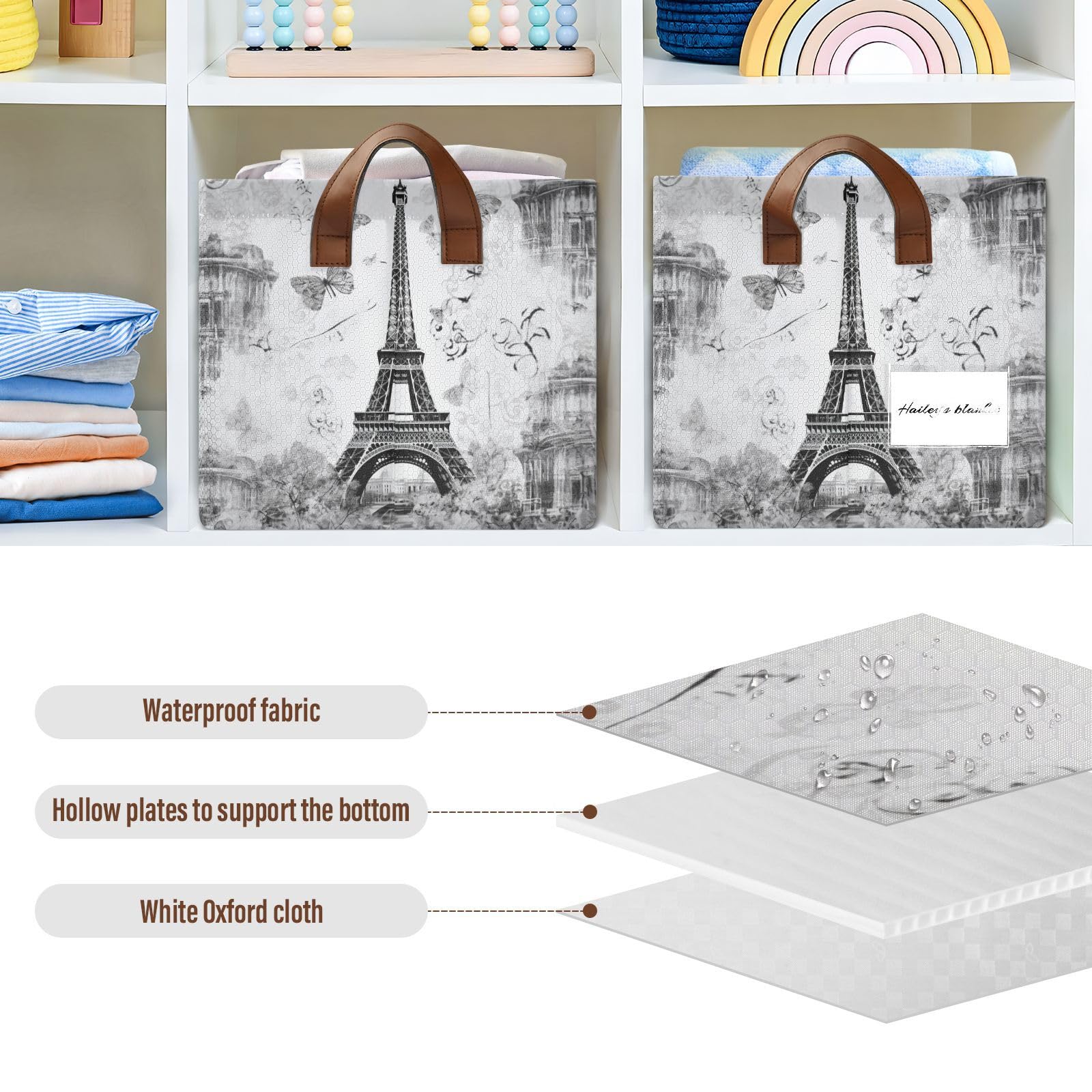 KJIZMO Paris Eiffel Tower Foldable Storage Basket for Shelves, Collapsible Sturdy Storage Bin with Handles, Storage Cube for Organizing Closet 2PCS