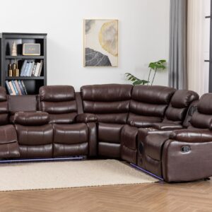 Hybition Faux Leather Living Room Set Modern Reclining Sectional Sofa with LED Light, USB Chargers, Sound System, 4Cup Holders, Hidden Storage, Brown