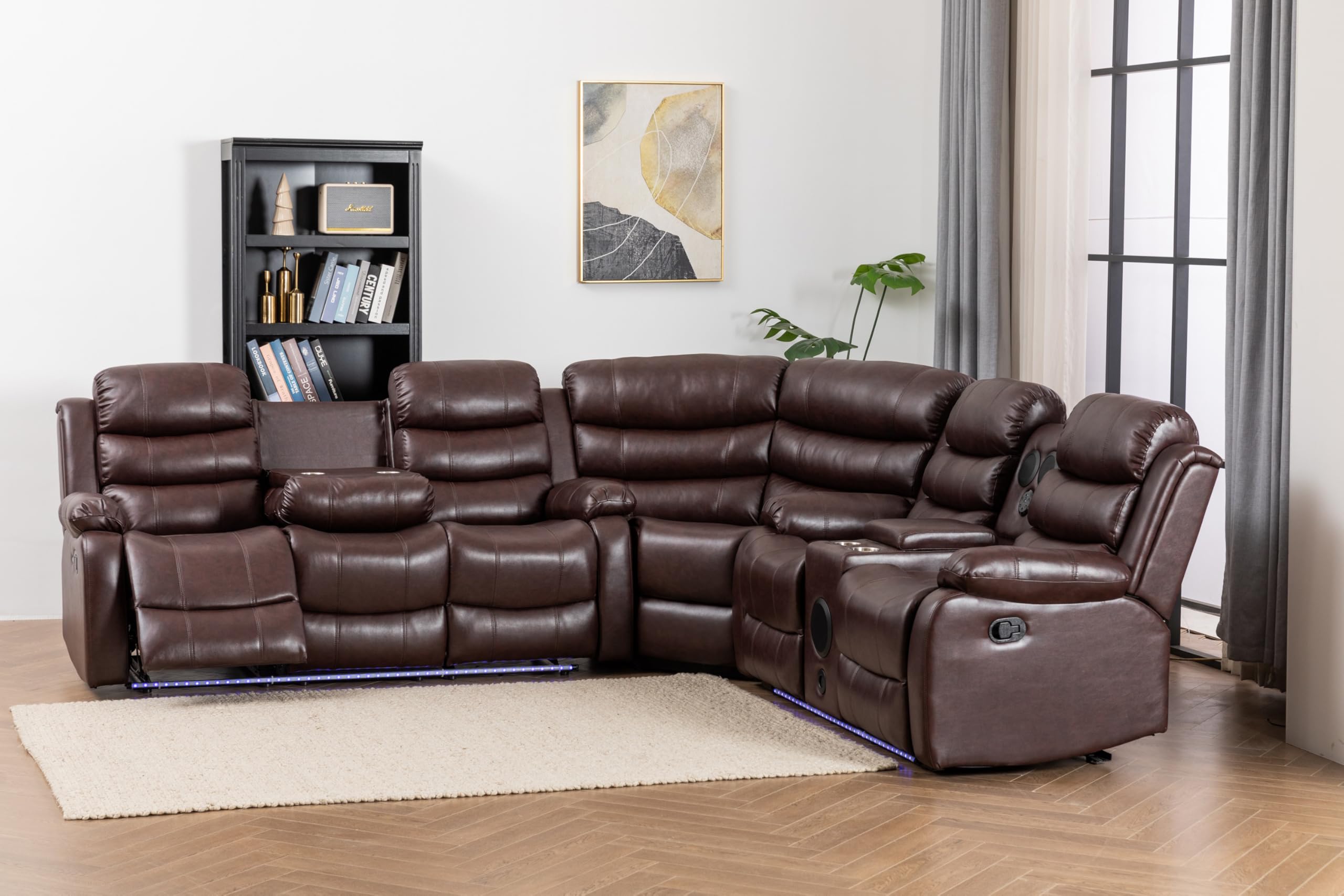 Hybition Faux Leather Living Room Set Modern Reclining Sectional Sofa with LED Light, USB Chargers, Sound System, 4Cup Holders, Hidden Storage, Brown