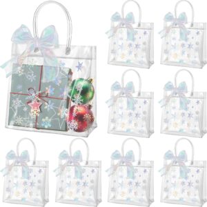 henoyso 24 pcs snowflake clear gift bags winter frozen party favors bags christmas plastic candy goodie treat bags with handles and ribbon 7.8 x 7.8 x 3.1 pvc gift wrap tote(laser silver)