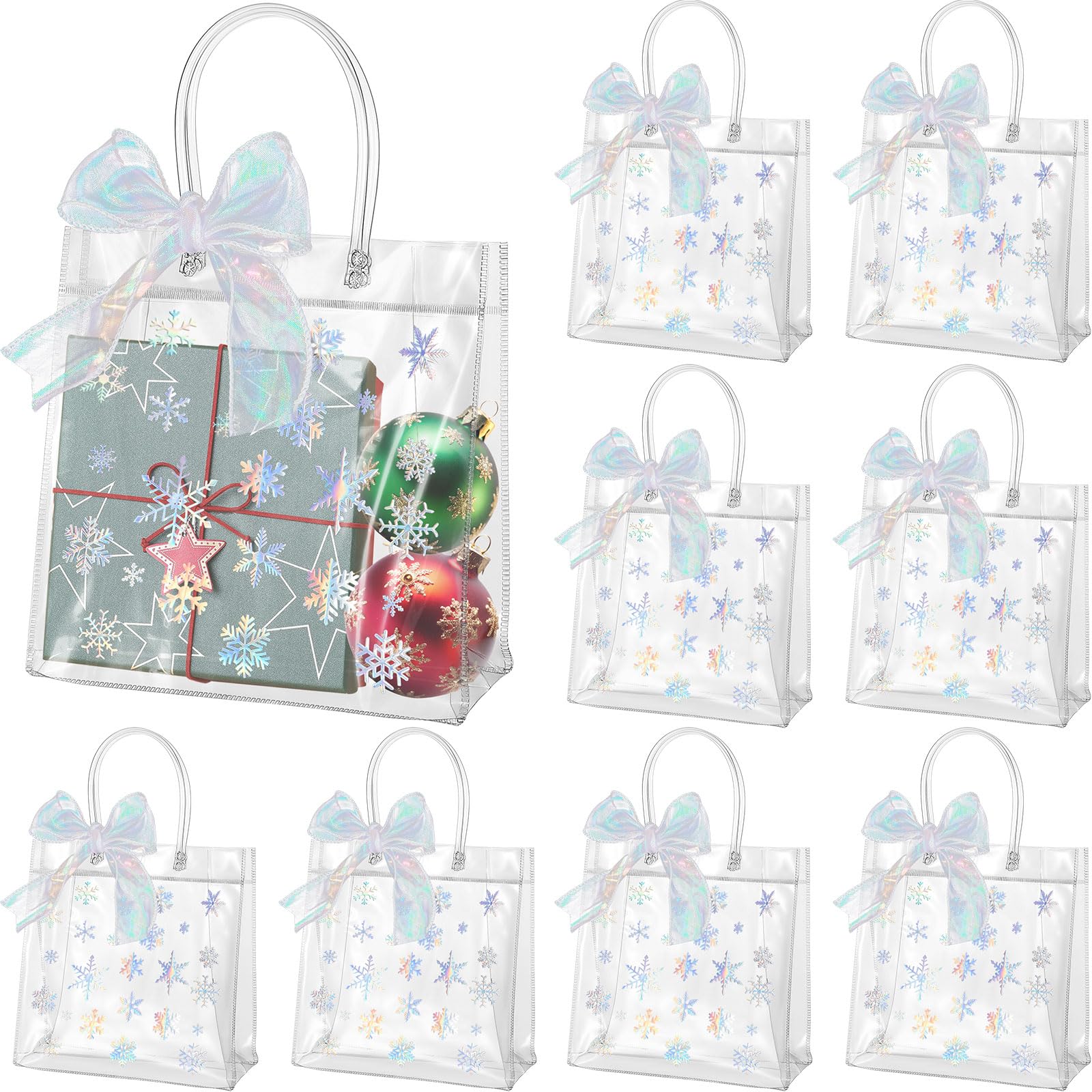 Henoyso 24 Pcs Snowflake Clear Gift Bags Winter Frozen Party Favors Bags Christmas Plastic Candy Goodie Treat Bags with Handles and Ribbon 7.8 x 7.8 x 3.1 PVC Gift Wrap Tote(Laser Silver)