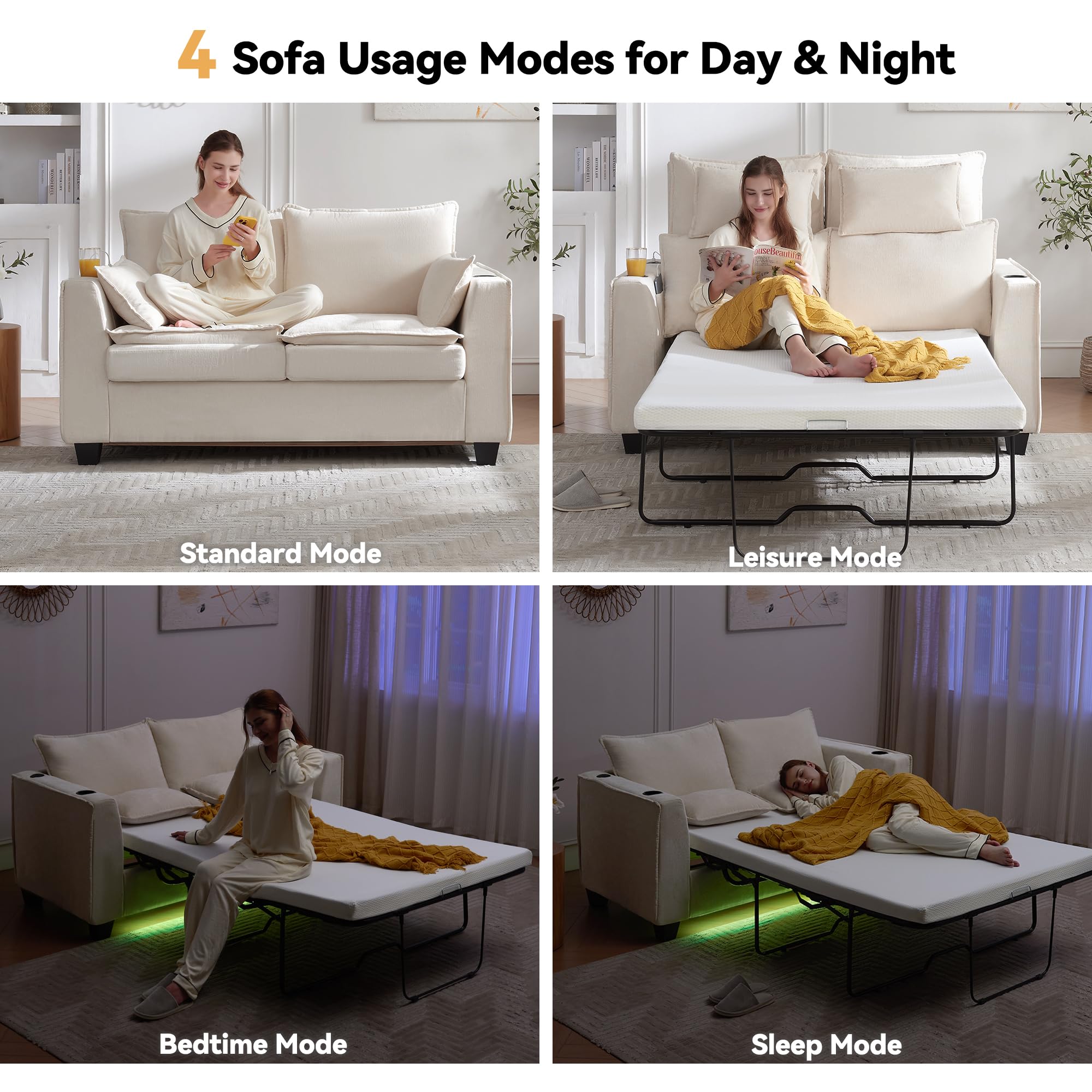 Brelice Pull Out Sofa Bed, Sleeper Sofa Couch, 2-in-1 Convertible Chenille Loveseat with USB Charging Port and Memory Foam Mattress, Full Size Pullout Bed for Living Room, Apartment or Office, Beige