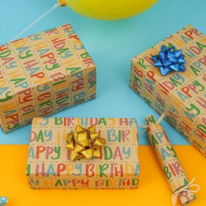 CAMKUZON Kraft Birthday Wrapping Paper Roll with Cutlines - Colorful Happy Birthday Text and Star Design - Gift Wrap Paper for Birthday Celebration Baby Shower, 17.4 Inch