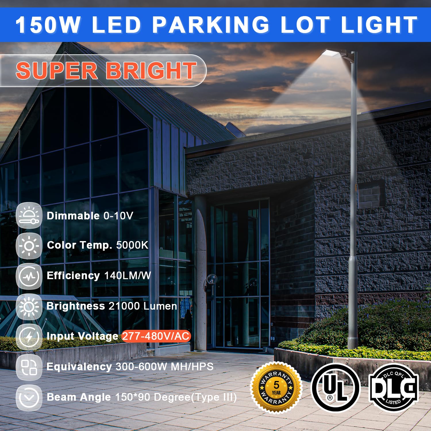 480V 150W LED Parking Lot Light, 5000K 21000LM [Eqv. 600W HPS] LED Shoebox Light with Direct Arm Mount, Dimmable Outdoor Street Area Light, IP65 10KV Surge Protection, AC 277-480V UL&DLC Listed