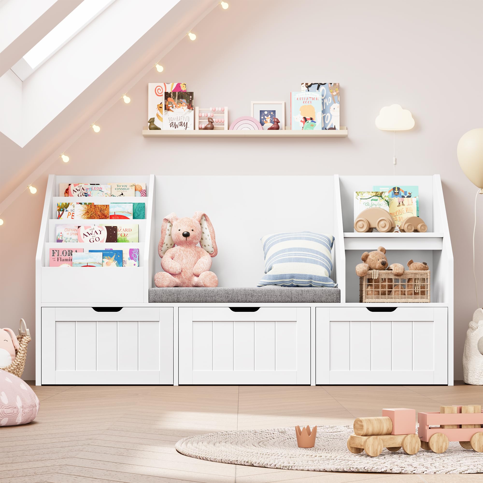 FOTOSOK 55.1’’ Kids Bookshelf with Reading Nook, Toy Storage Organizer with Seat Cushion and 3 Movable Drawers, Kids Reading Nook Toy Organizers and Storage with Bench for Playroom, Bedroom, White