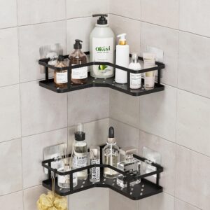 FJNATINH Corner Shower Caddy - 4 Tier Shower Organizer Corner Shelf Stainless Steel Floor Corner Shower Stand Rack for Bathroom Balcony Kitchen, No Drilling Shelves, Adhesive Shower Caddy