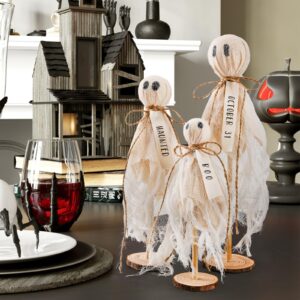 3Pcs Halloween Ghost Standing Table Decor, Fabric Ghost Sign for Table, Primitive Halloween Ghosts Shelf Sitters on Wooden Stand for Table Centerpieces, Shelves, and Mantels - Spooky Decor (White)