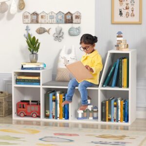 NACHES Kids Bookshelf with Reading Nook for Kids Room, 6-Cubby Bookcases with Bench Seat Cushion Thick Wood Board, Multi-Purpose Toys Storage Organizer for Toddler Nursery, Bedroom, Play Room (White)