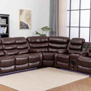 Hybition Faux Leather Living Room Set Modern Reclining Sectional Sofa with LED Light, USB Chargers, Sound System, 4Cup Holders, Hidden Storage, Brown