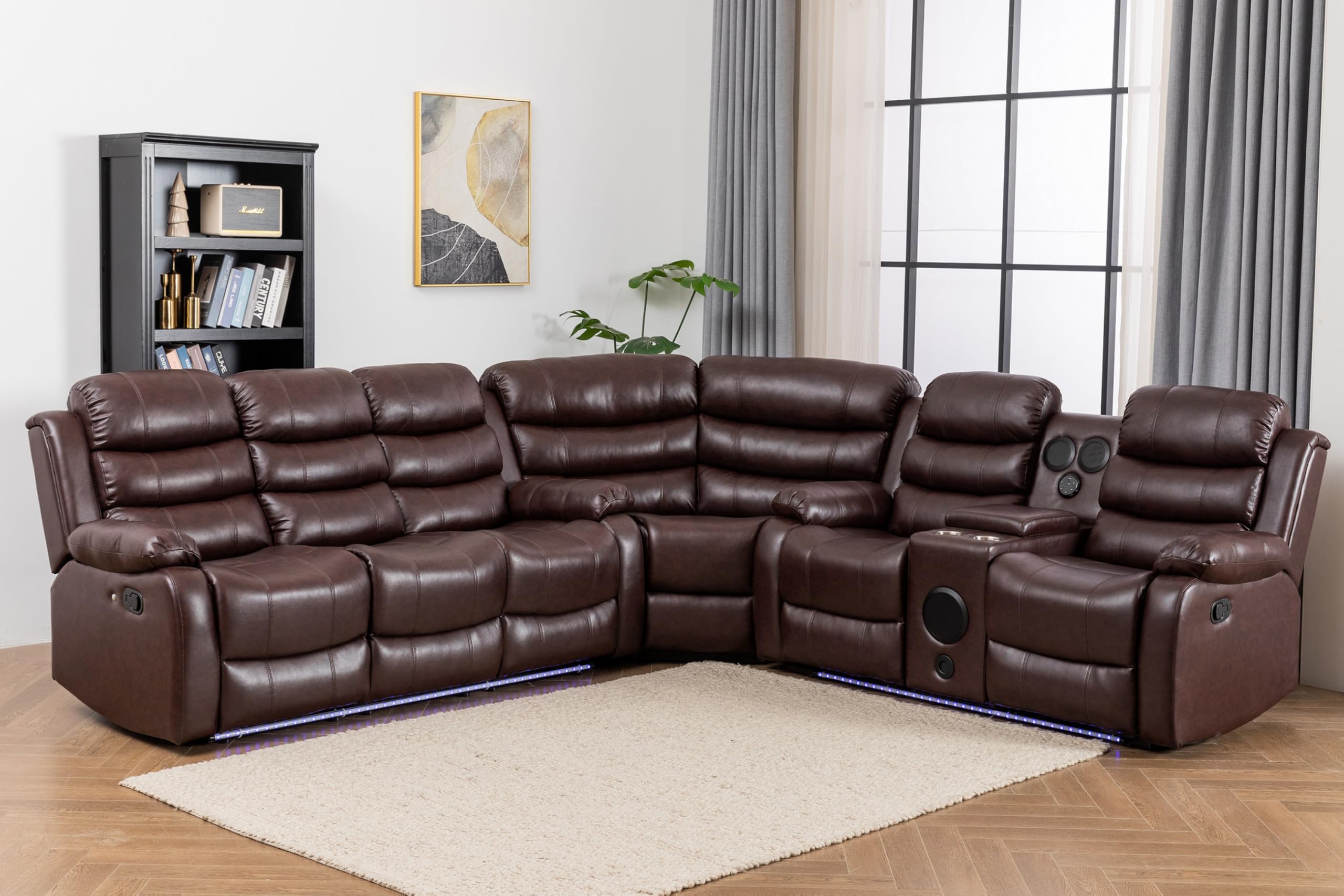 Hybition Faux Leather Living Room Set Modern Reclining Sectional Sofa with LED Light, USB Chargers, Sound System, 4Cup Holders, Hidden Storage, Brown