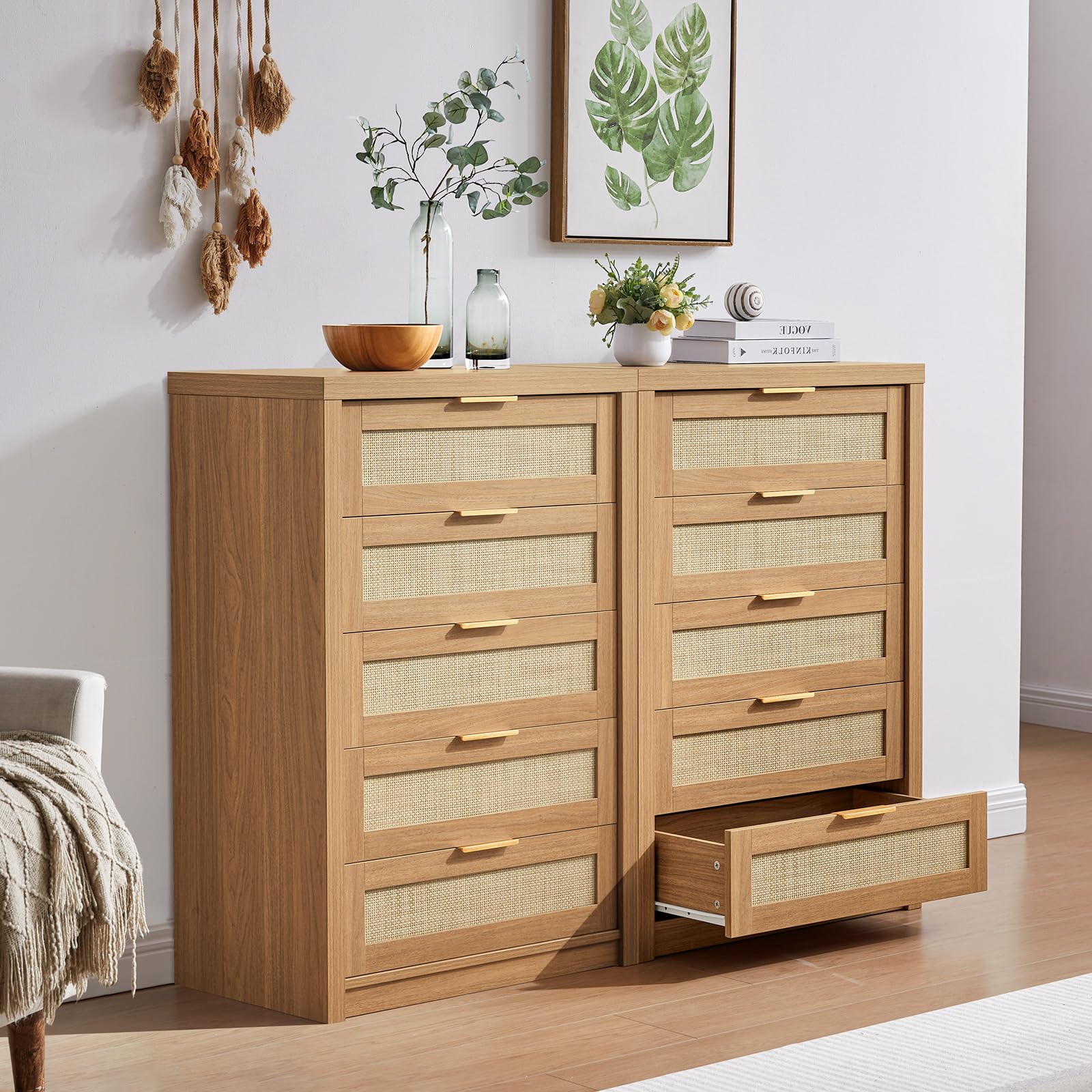 OAKHAM HOME 5 Drawer Dresser, Rattan Dresser for Bedroom with 5 Storage Drawers, Tall Dresser Chest of Drawers for Closet Bedside, Living Room Hallway 17.7" D x 29.5" W x 46.7" H, Weathered Oak