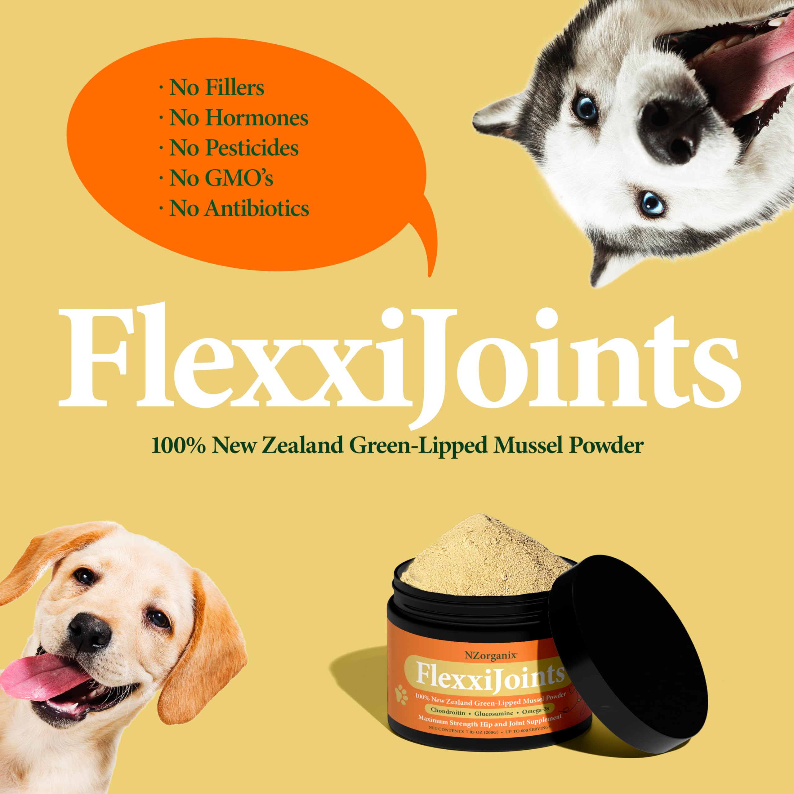 KiwiOrganix NZorganix FlexxiJoints 100% New Zealand Green-Lipped Mussel Powder, Hip & Joint Support Formula for Dogs & Cats, with Glucosamine, Chondroitin 100g (300 Servings)