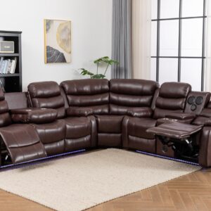 Hybition Faux Leather Living Room Set Modern Reclining Sectional Sofa with LED Light, USB Chargers, Sound System, 4Cup Holders, Hidden Storage, Brown