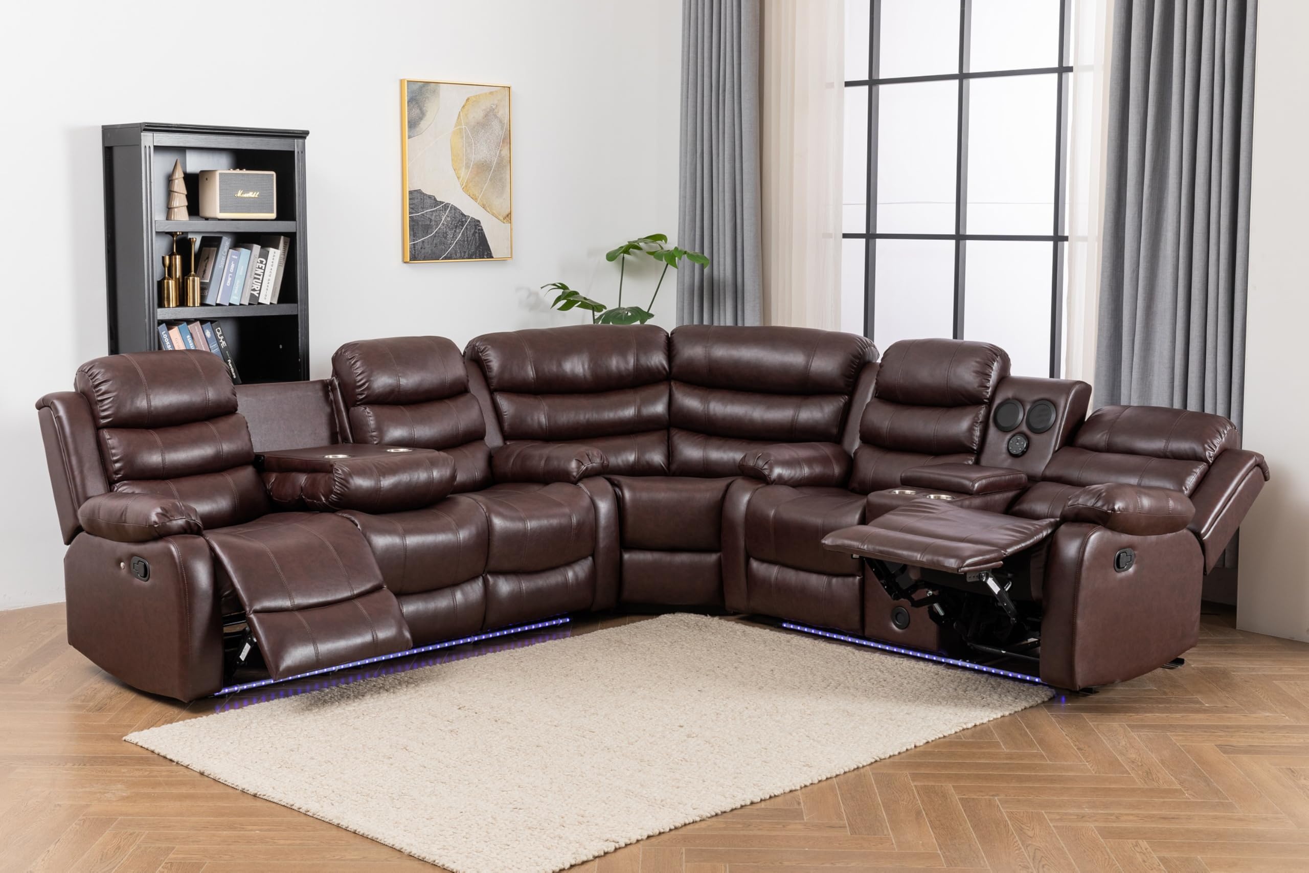 Hybition Faux Leather Living Room Set Modern Reclining Sectional Sofa with LED Light, USB Chargers, Sound System, 4Cup Holders, Hidden Storage, Brown