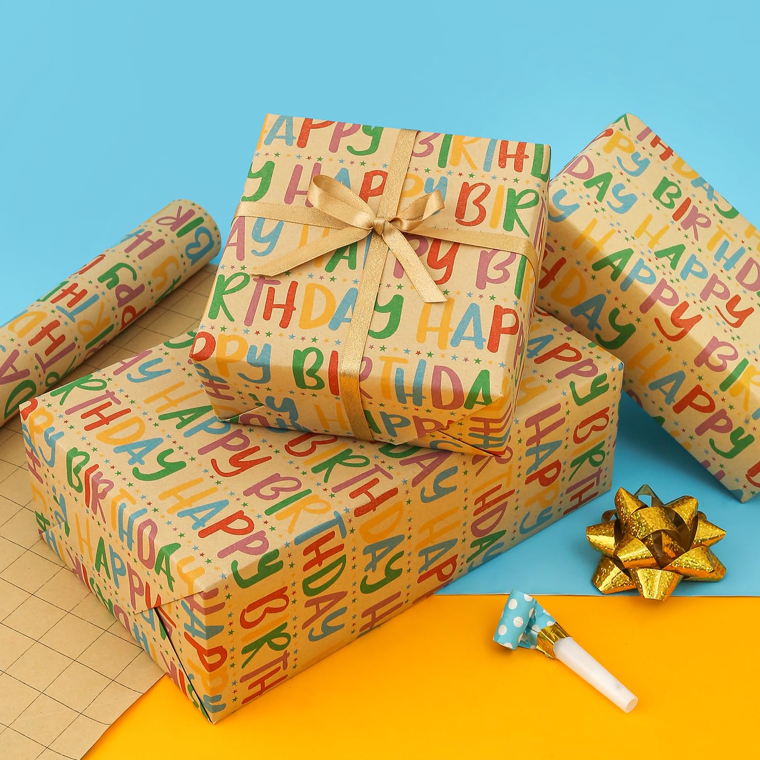 CAMKUZON Kraft Birthday Wrapping Paper Roll with Cutlines - Colorful Happy Birthday Text and Star Design - Gift Wrap Paper for Birthday Celebration Baby Shower, 17.4 Inch