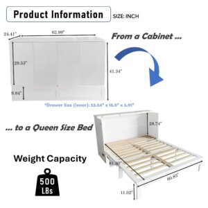 UOCFYK Queen Murphy Bed with Large Storage Drawer & Charging Station,Solid Pine Murphy Bedframe w/Wooden Slat Support, No Spring Box Needed, White