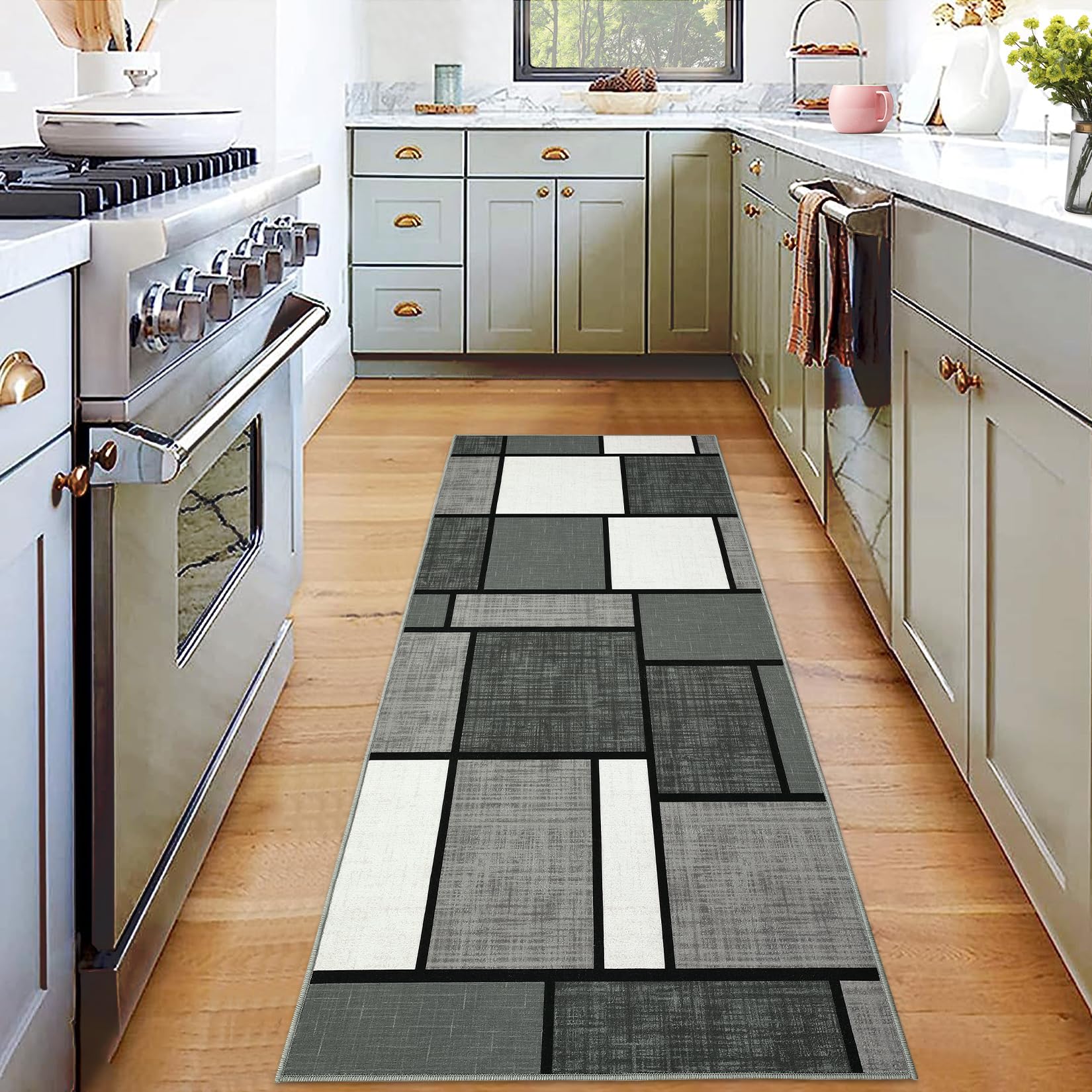 FairOnly 2x6 Runner Rug Washable Runner Rug Kitchen Runner Rug Geometric Runner Rugs Modern Floor Cover for Hallways Non Slip Runner Rug Low Pile Carpet for Living Room Bedroom Dining Room,Grey