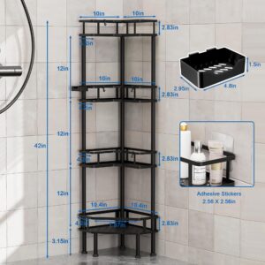 FJNATINH Corner Shower Caddy - 4 Tier Shower Organizer Corner Shelf Stainless Steel Floor Corner Shower Stand Rack for Bathroom Balcony Kitchen, No Drilling Shelves, Adhesive Shower Caddy