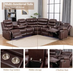 Hybition Faux Leather Living Room Set Modern Reclining Sectional Sofa with LED Light, USB Chargers, Sound System, 4Cup Holders, Hidden Storage, Brown