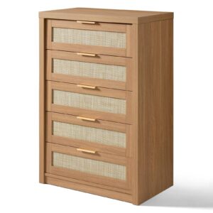 oakham home 5 drawer dresser, rattan dresser for bedroom with 5 storage drawers, tall dresser chest of drawers for closet bedside, living room hallway 17.7" d x 29.5" w x 46.7" h, weathered oak