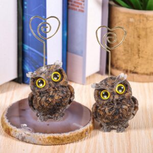 Sportmusies Resin Crystal Owl Table Card Holder, Gold Heart-Shaped Clip Picture Number Memo Stand for Wedding Birthday Party, Tiger's Eye Stone