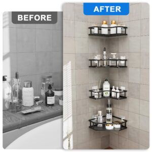 FJNATINH Corner Shower Caddy - 4 Tier Shower Organizer Corner Shelf Stainless Steel Floor Corner Shower Stand Rack for Bathroom Balcony Kitchen, No Drilling Shelves, Adhesive Shower Caddy