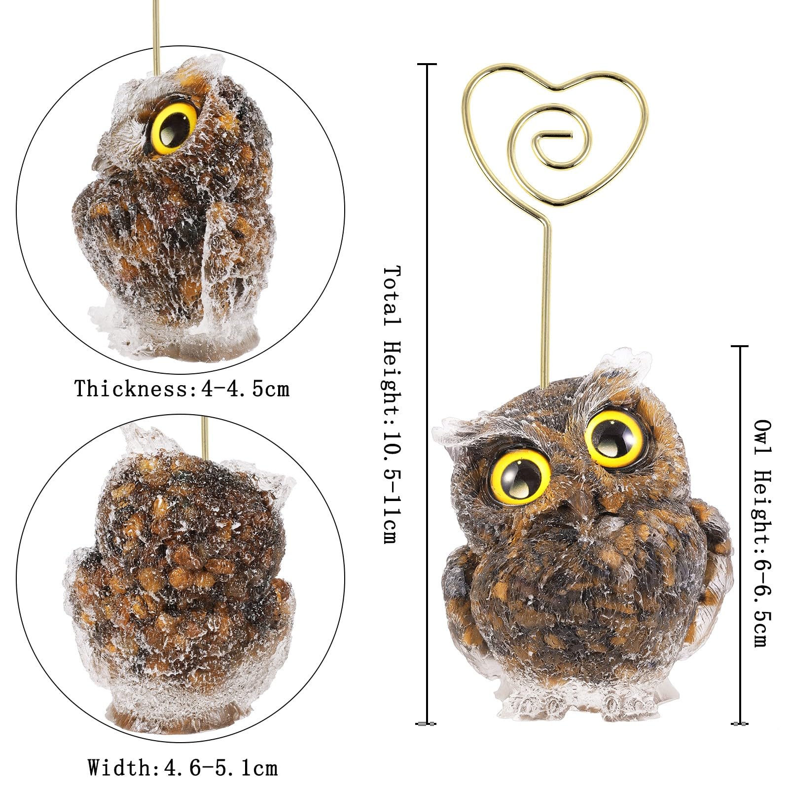 Sportmusies Resin Crystal Owl Table Card Holder, Gold Heart-Shaped Clip Picture Number Memo Stand for Wedding Birthday Party, Tiger's Eye Stone