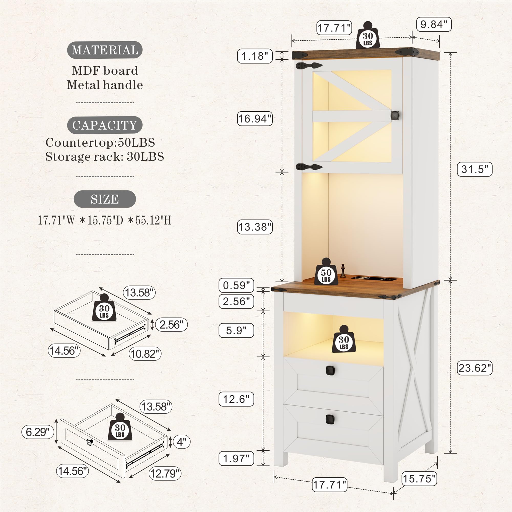 FREDEES Farmhouse Tall Bedside Table Set 2, Nightstand with Drawers & Adjustable Sheves, LED Night Stand with Gun Drawer, Smart End Table for Bedroom, Antique White