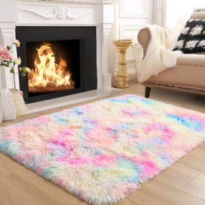 junovo soft rainbow area rugs for girls room, fluffy colorful rugs cute floor carpets shaggy playing mat for kids baby girls bedroom nursery home decor, 2ft x 3ft tie-dyed rainbow