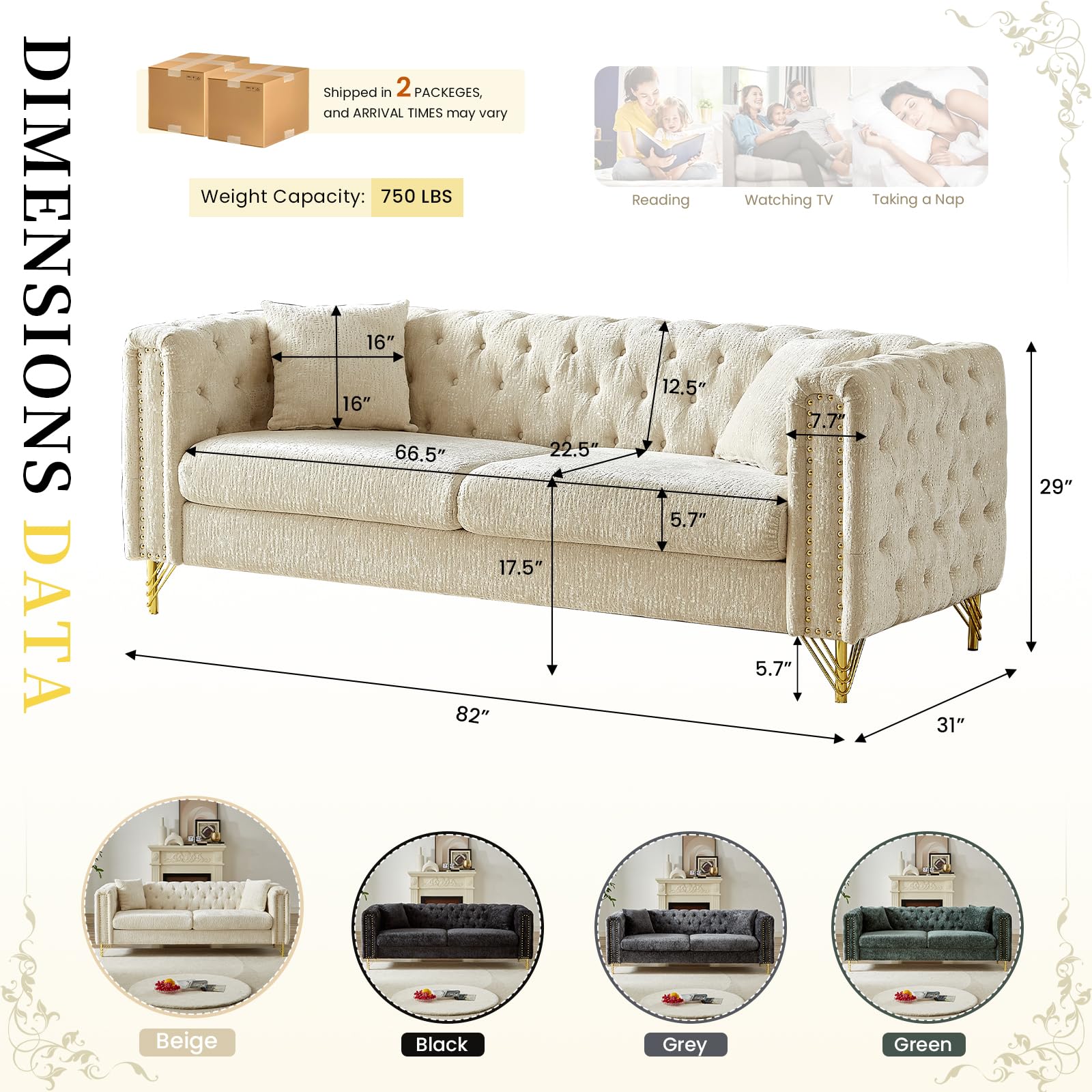 80"W Chenille Sofa Couch,Upholstered 3 Seater Loveseat Sofa,Button Tufted Comfy Couch with Nailhead Trim&Metal Legs,Mid Century Modern Sofa,Deep Seat Sofa for Living Room,Office,Apartment(Beige)