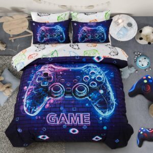 a nice night 5pcs gaming comforter set,blue purple 3d game contoller themed printing bedding sets for kids teen boys, reversible comforter for all seasons,twin