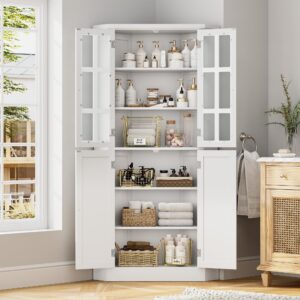 botlog 67" corner cabinet, tall corner storage cabinet with 4 doors, corner cabinet with spacious top, curved profile design, space saver for bathroom, living room, kitchen, modern white