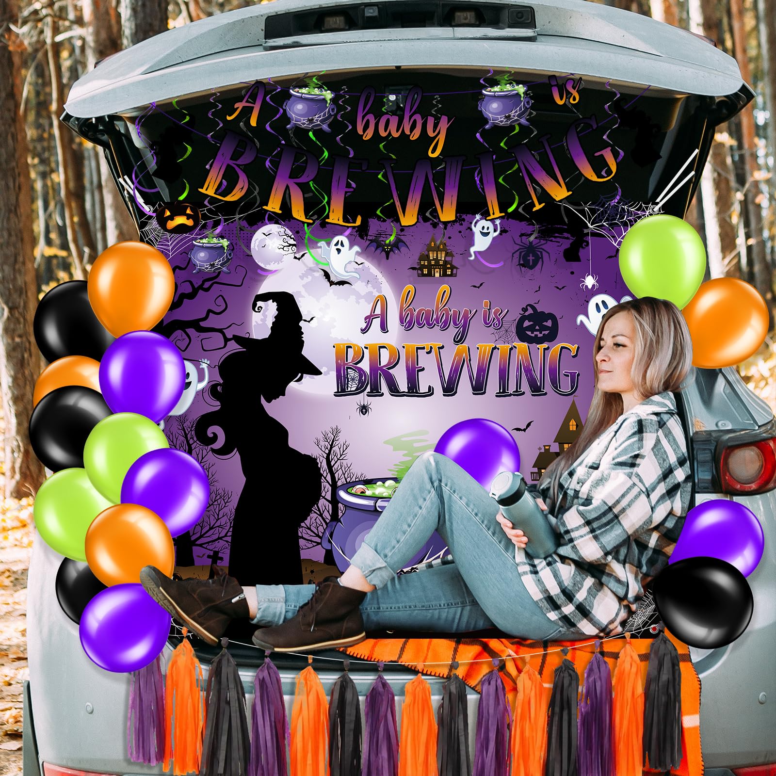 Halloween Baby Shower Decorations, A Baby is Brewing Gender Reveal Trunk or Treat Car Decorations Kit for SUV with Backdrop Banner Hanging Swirl Balloon for Halloween Baby Brewing Party Supplies Decor