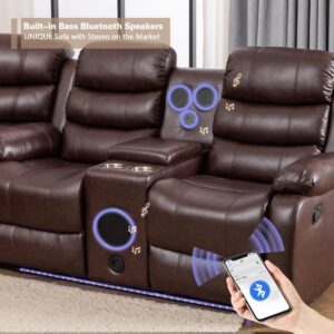 Hybition Faux Leather Living Room Set Modern Reclining Sectional Sofa with LED Light, USB Chargers, Sound System, 4Cup Holders, Hidden Storage, Brown