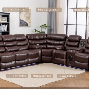 Hybition Faux Leather Living Room Set Modern Reclining Sectional Sofa with LED Light, USB Chargers, Sound System, 4Cup Holders, Hidden Storage, Brown