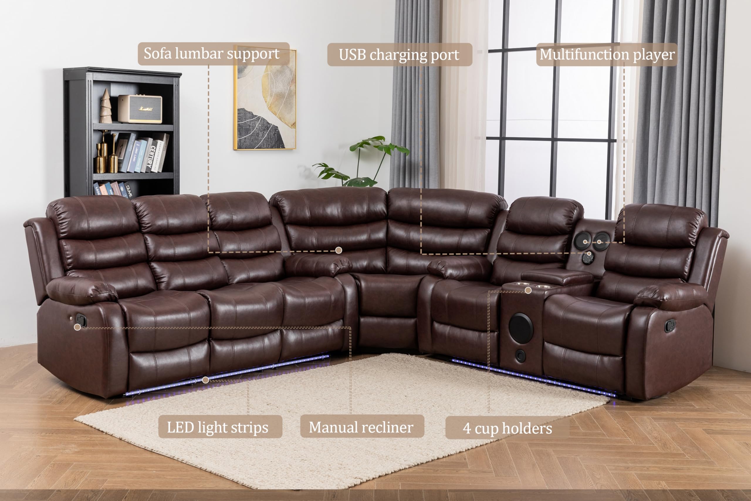 Hybition Faux Leather Living Room Set Modern Reclining Sectional Sofa with LED Light, USB Chargers, Sound System, 4Cup Holders, Hidden Storage, Brown