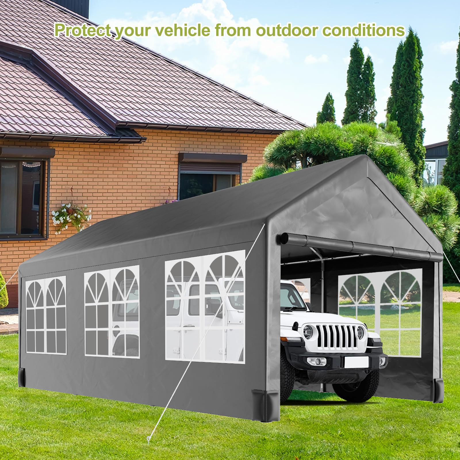 GarveeLife Carport, Heavy Duty 10FT X 20FT Carport Canopy, with 4 Load-Bearing Sandbags, Roll Up Mesh Window, Pe Waterproof Canopy, Reinforced Steel Pipes 1.3mm Tube Wall Thickness for Cars, Truck