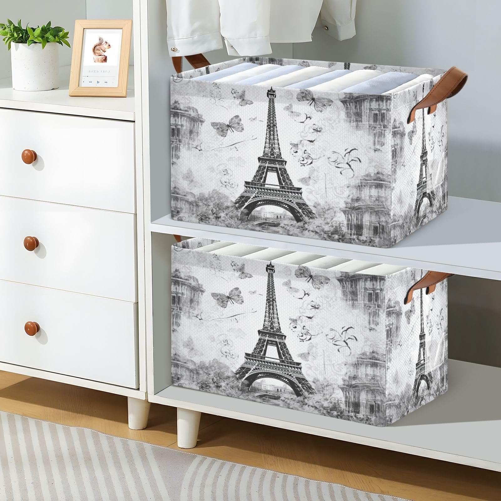 KJIZMO Paris Eiffel Tower Foldable Storage Basket for Shelves, Collapsible Sturdy Storage Bin with Handles, Storage Cube for Organizing Closet 2PCS