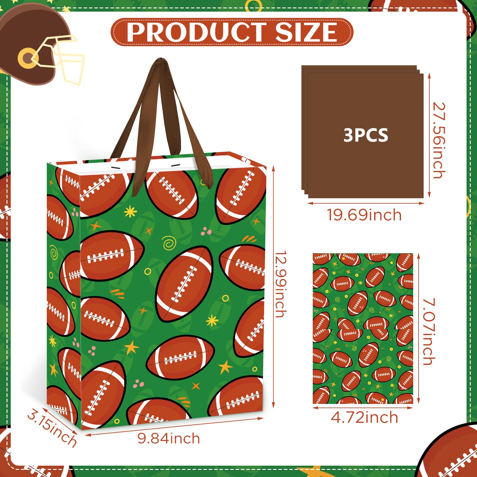 Football Gift Bag with Tissue Paper Set Football Party Gift Wrap Bags and Greeting Card Decorations for Sports Party Favor Football Birthday Goodie Treat Wrapping Bag for Boy Men Team Supplies